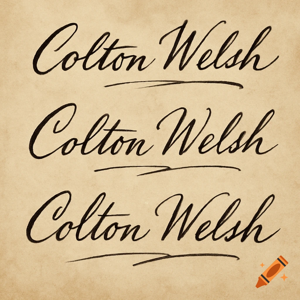 The name 'Colton Welsh' written three times in a black script font on ...