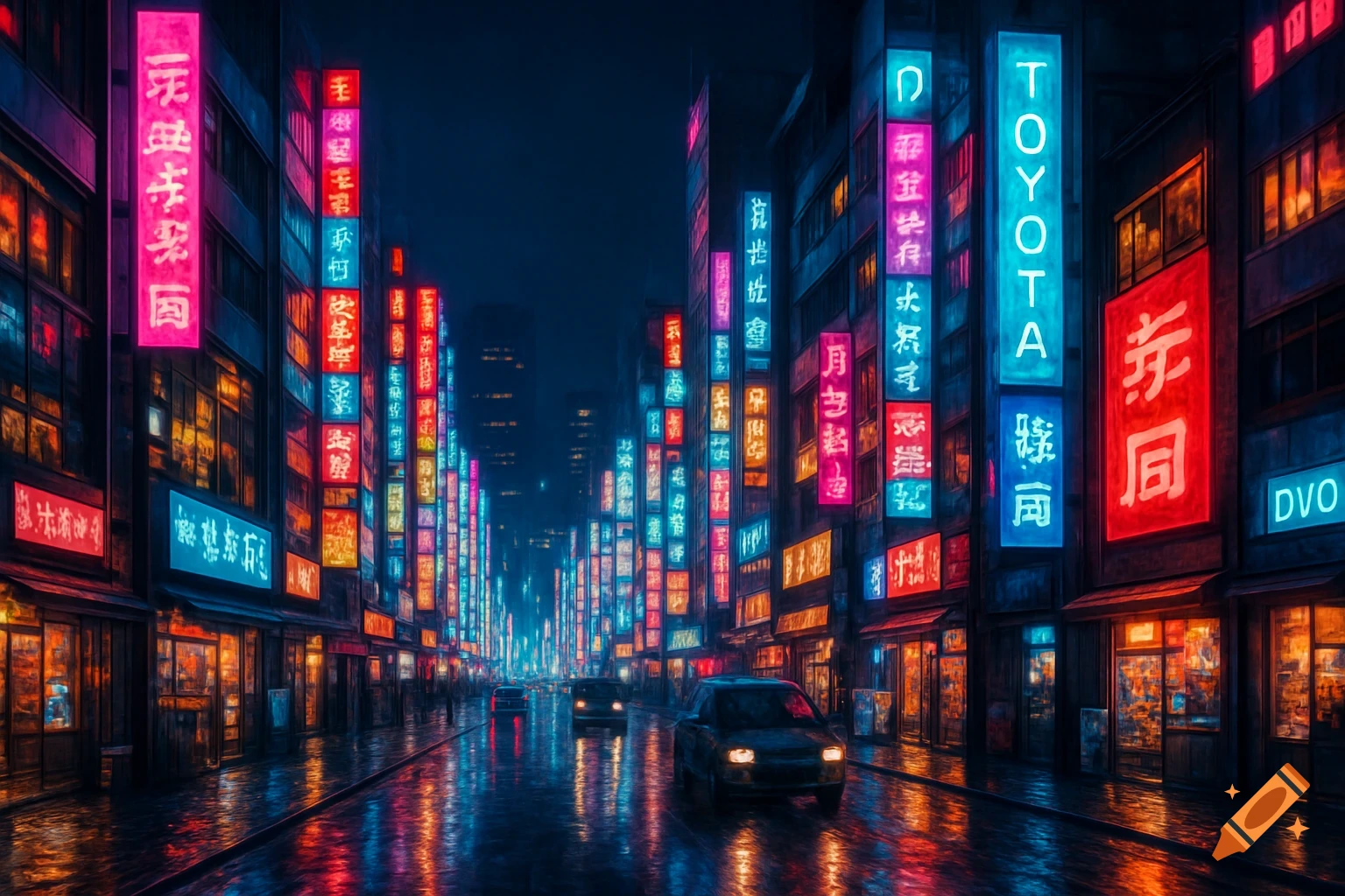 A hyperrealistic, futuristic Tokyo cityscape at night, with towering ...