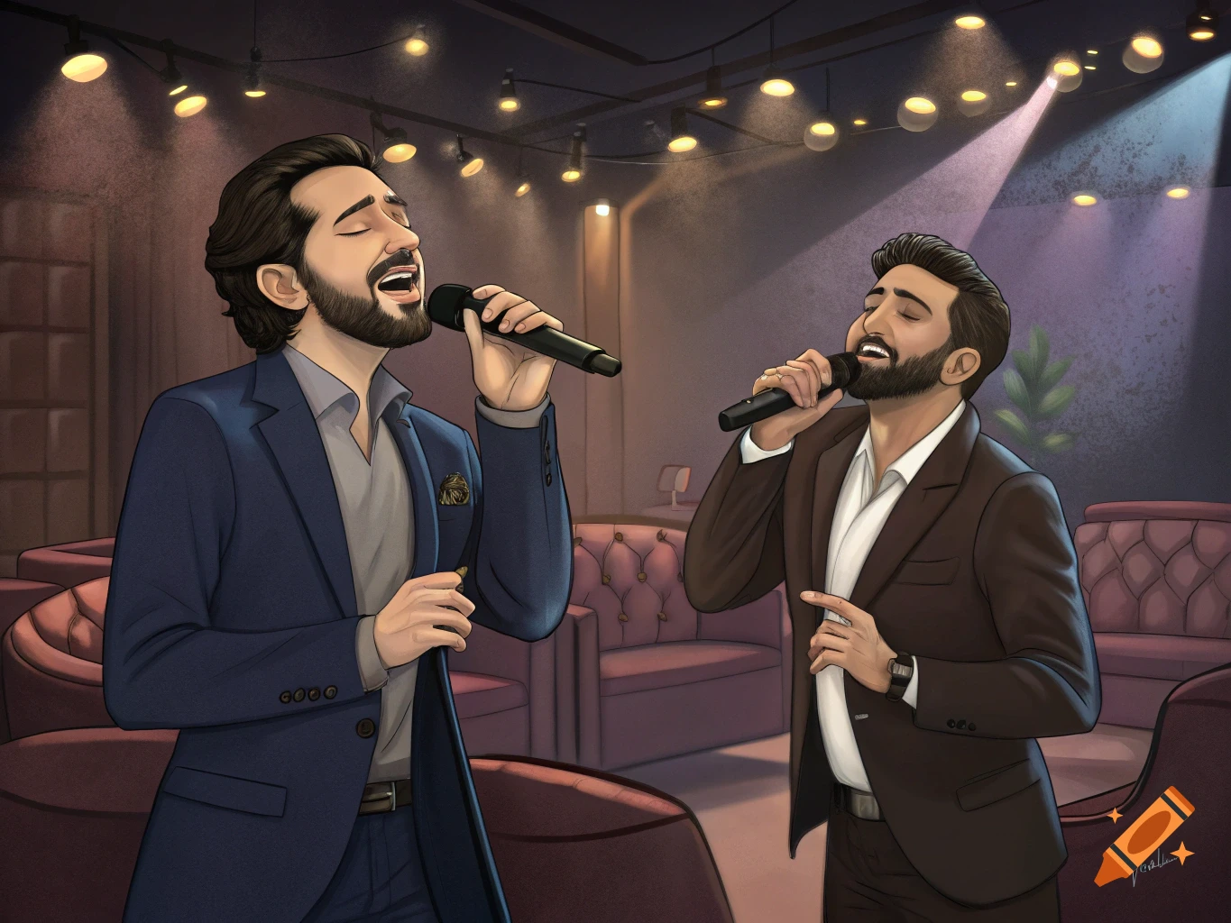 Two men singing into microphones on a stage in a lounge, illustration ...