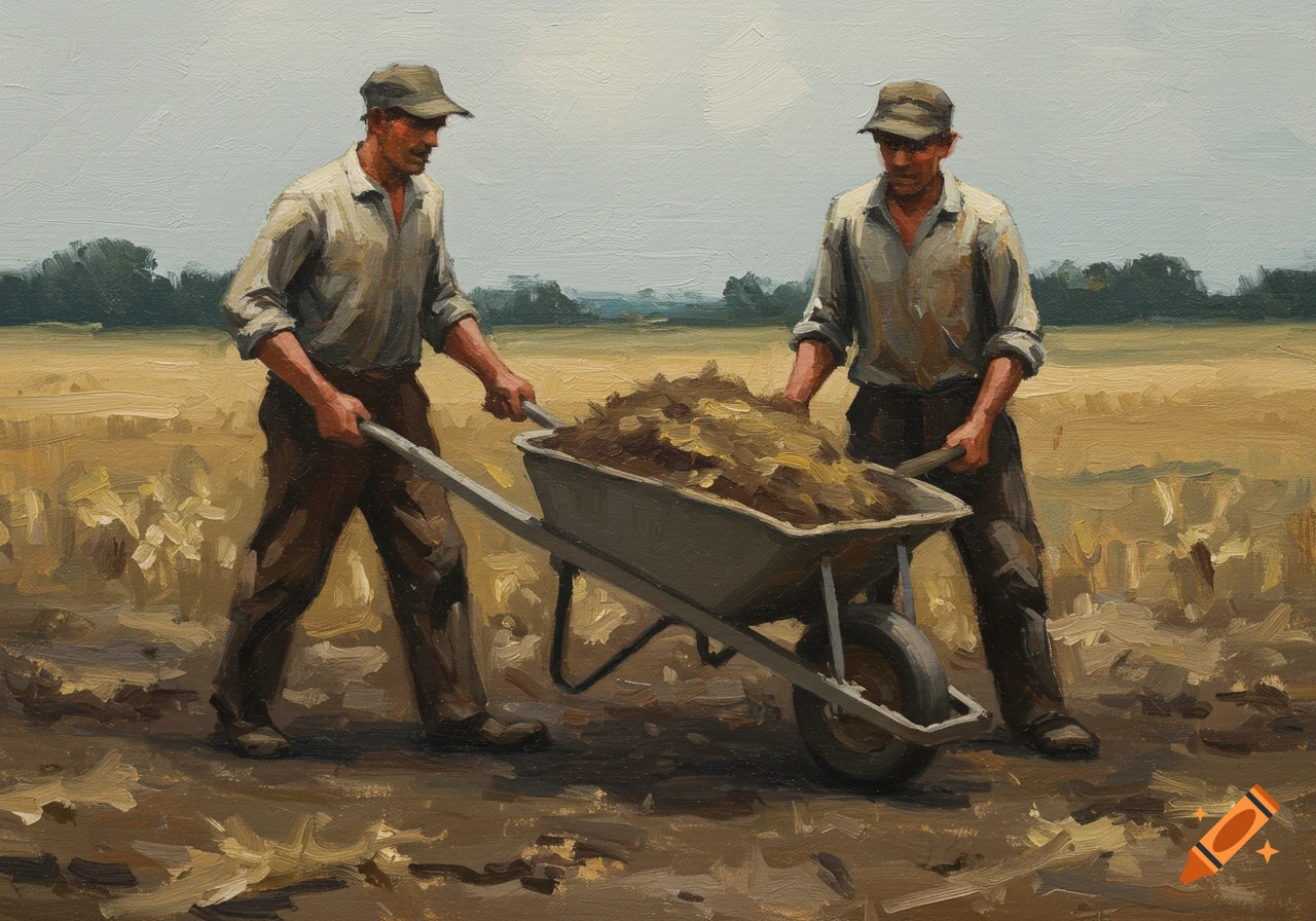 Oil painting of two men pushing a wheelbarrow full of dirt through a ...