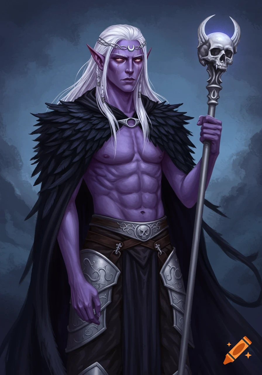 A solemn purple-skinned moon elf prince with long white hair, a feather ...
