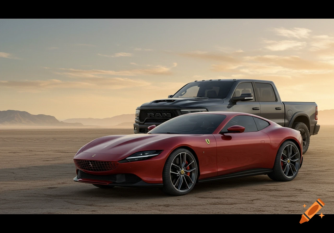 A red Ferrari sports car and a grey Ram pickup truck parked in a desert ...