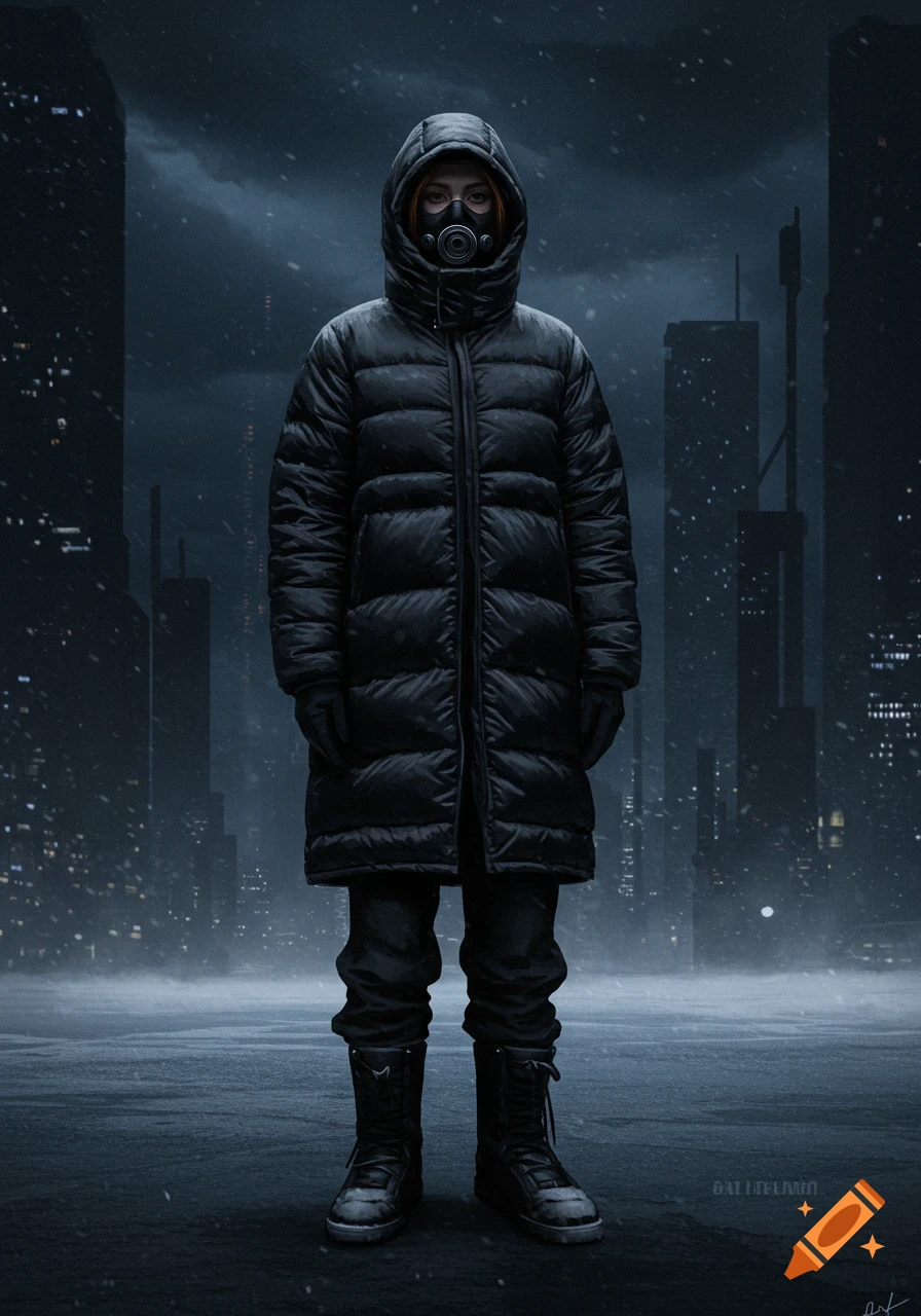 A person in a black puffer coat and gas mask stands in a dark, snowy ...
