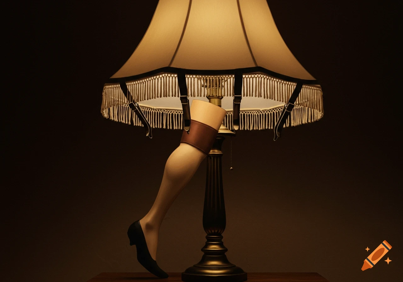 A classic 'leg lamp' with a lamp shade and a human leg attached. on Craiyon