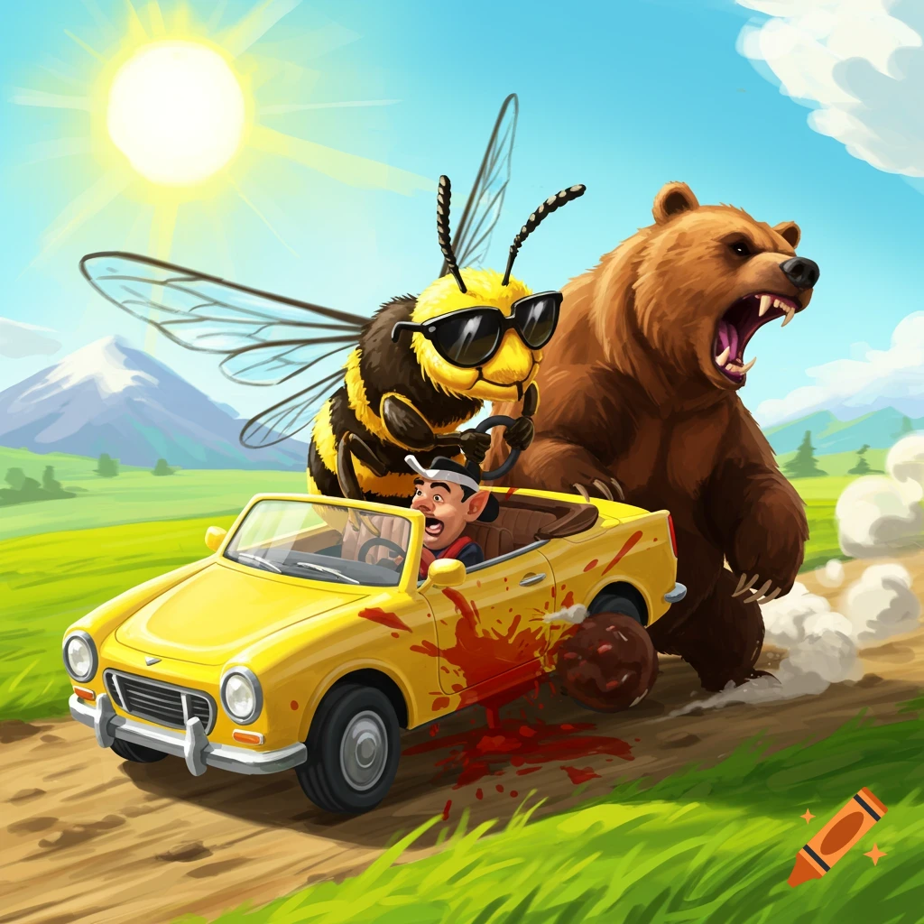 Cartoon of a giant bee in sunglasses driving a yellow convertible away ...