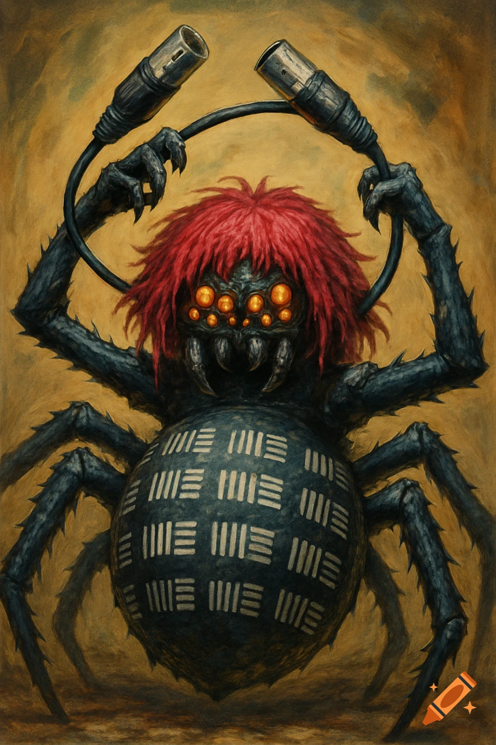 A dark fantasy illustration of a spider monster with red hair holding ...
