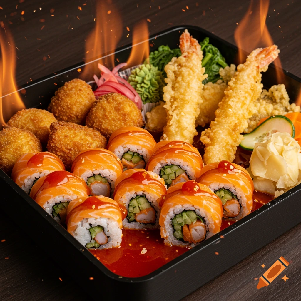 Vibrant food photo of a spicy Japanese bento box with sushi, tempura ...