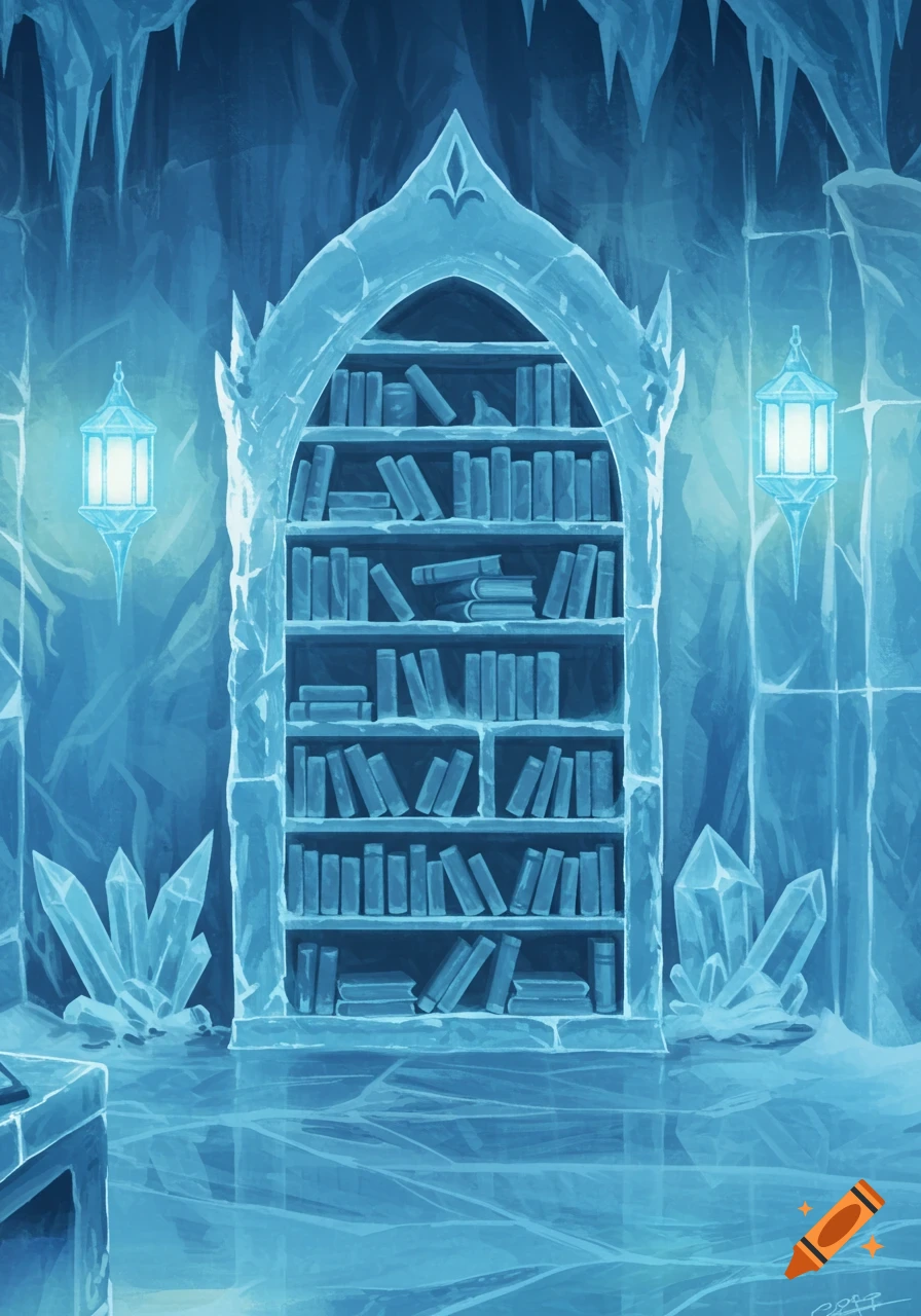 An ice bookshelf inside an icy cave or palace, lit by glowing lanterns ...