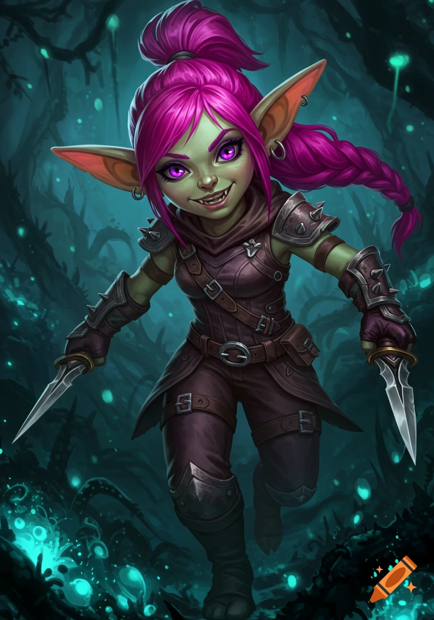 Fantasy illustration of a grinning goblin girl with pink hair and purple eyes, in leather armor ...