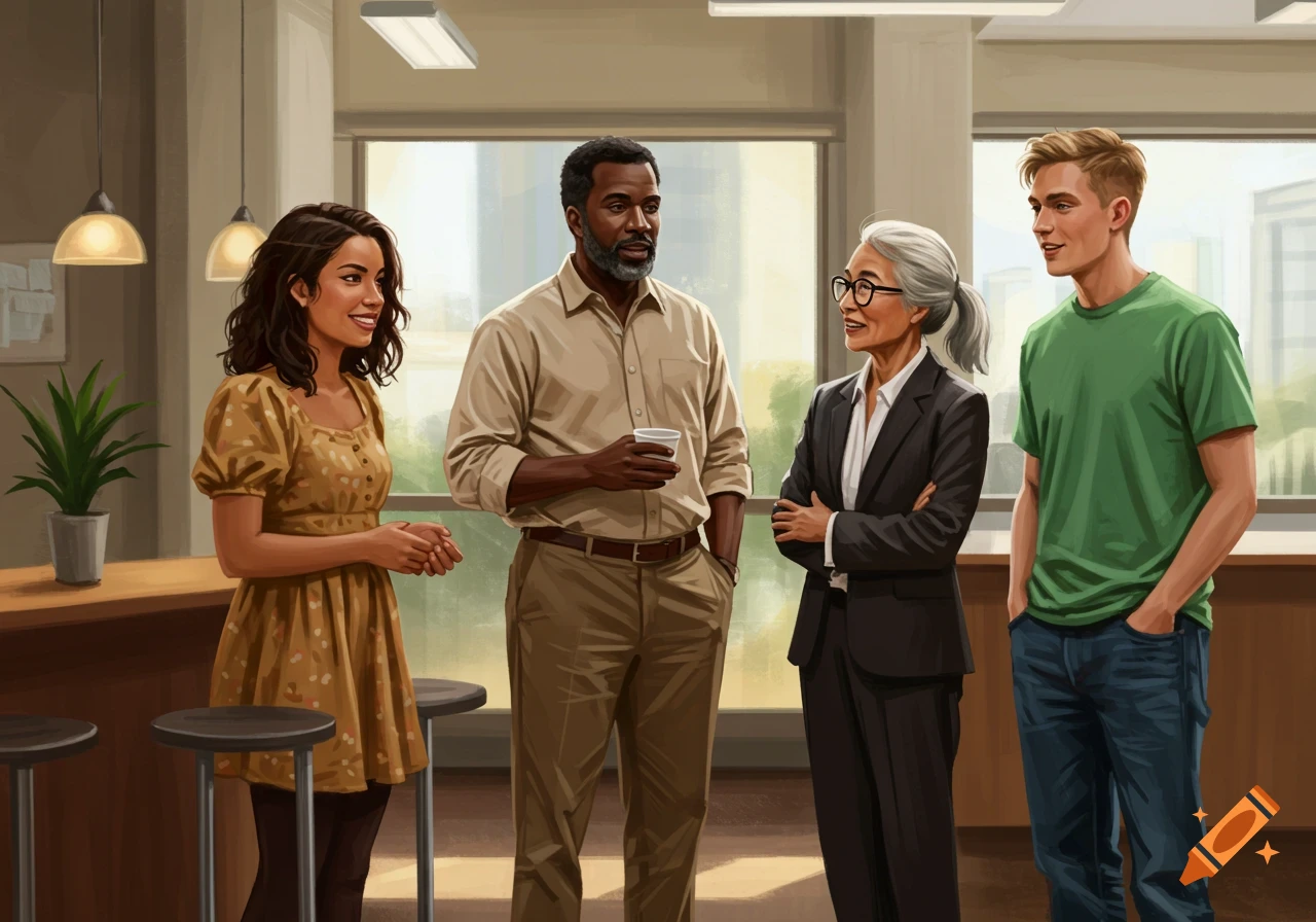 Four diverse employees converse in a bright, modern office break room ...