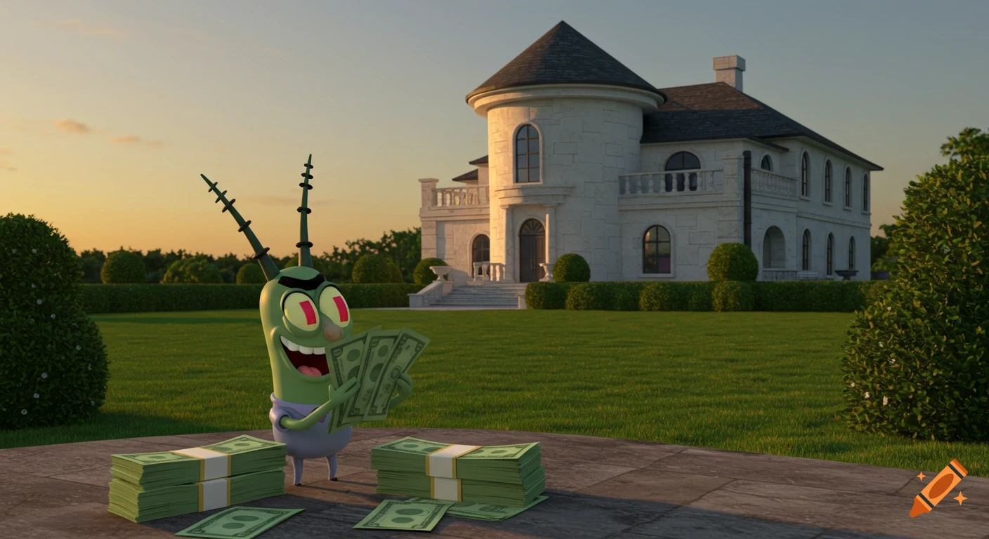 Plankton from Spongebob laughing and holding money in front of a large ...