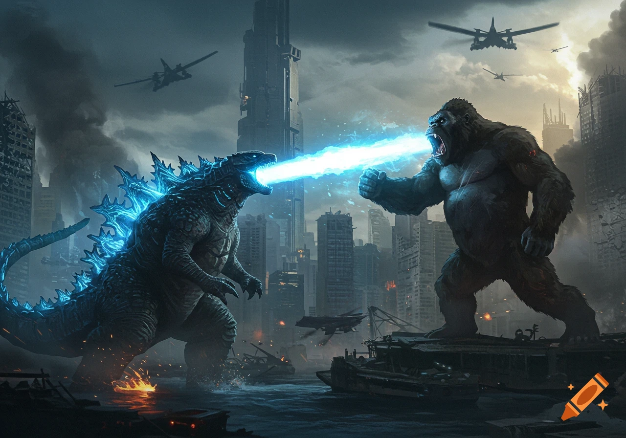 Godzilla shoots atomic breath at King Kong in a destroyed city under a ...