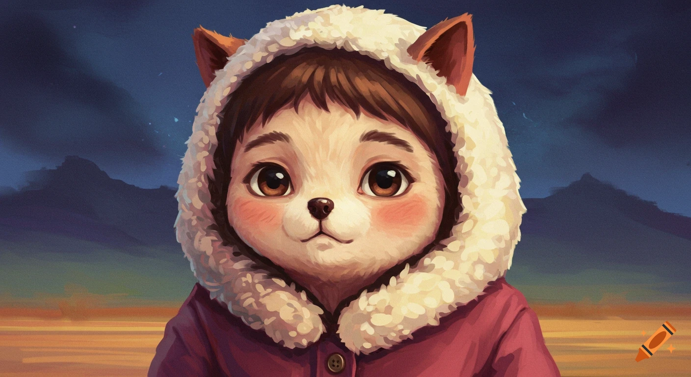 Cute stylized character with animal ears in a fluffy hood and jacket ...