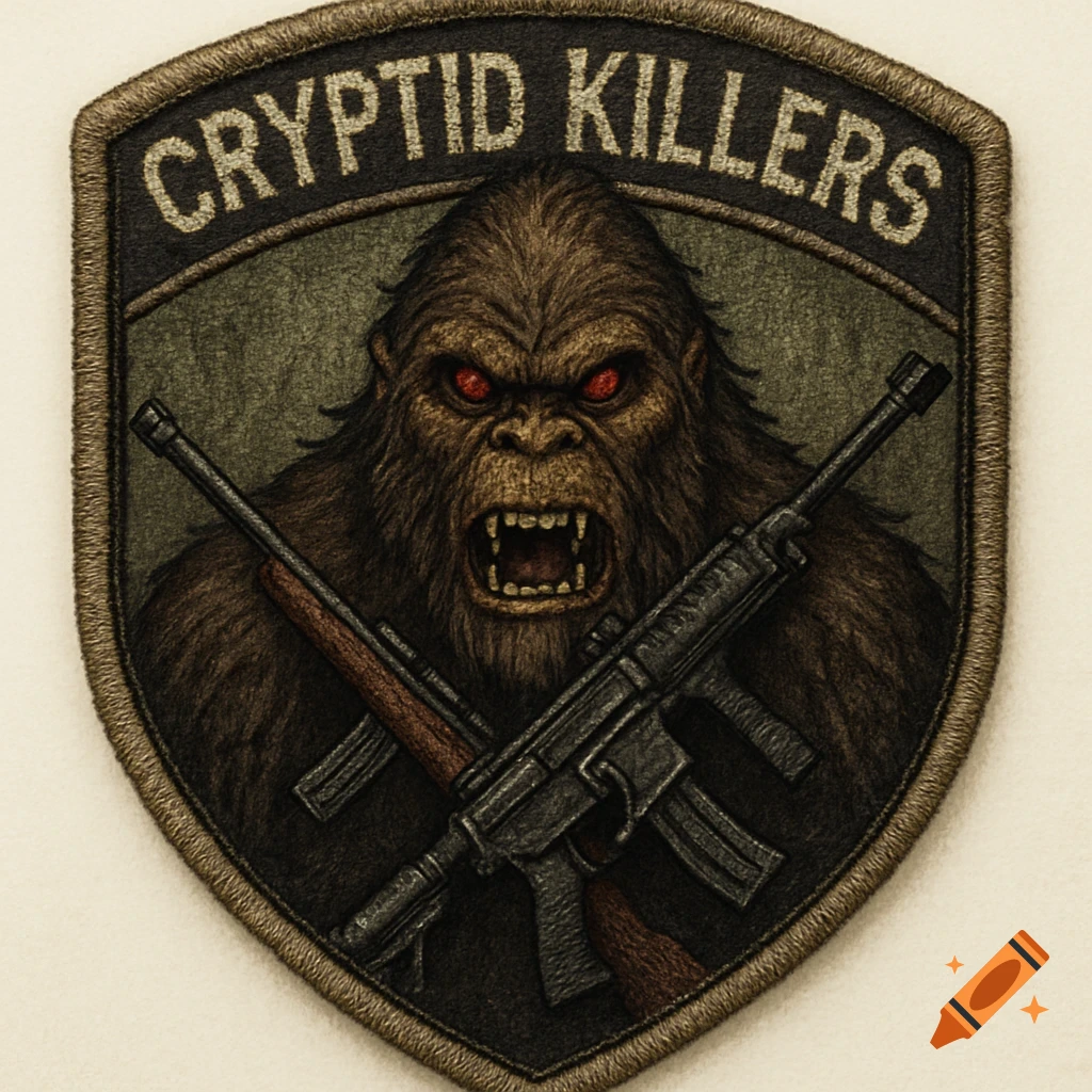 A brown embroidered patch featuring a snarling Bigfoot with red eyes ...
