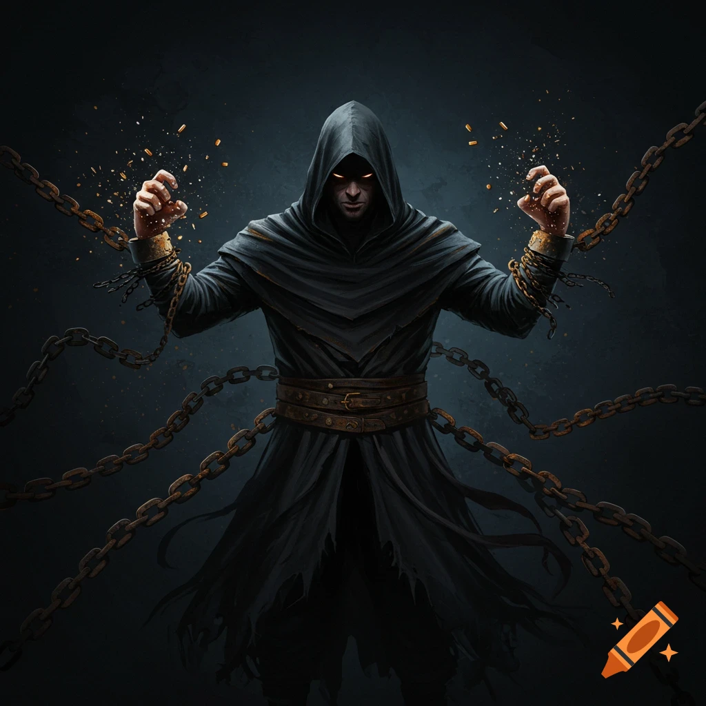 A hooded figure in a dark robe breaking rusty chains, with golden ...