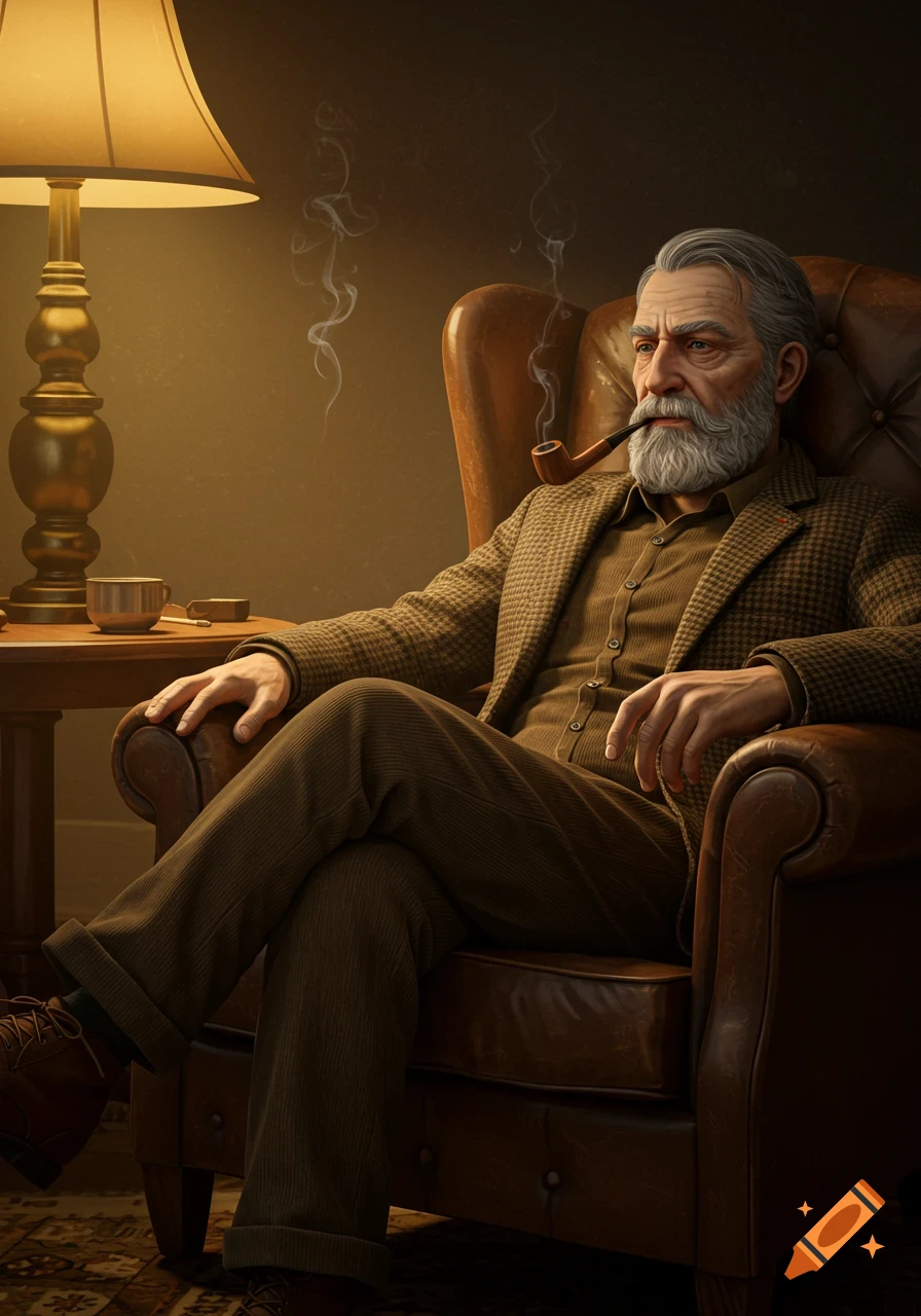 A distinguished older man with a white beard smokes a pipe while ...
