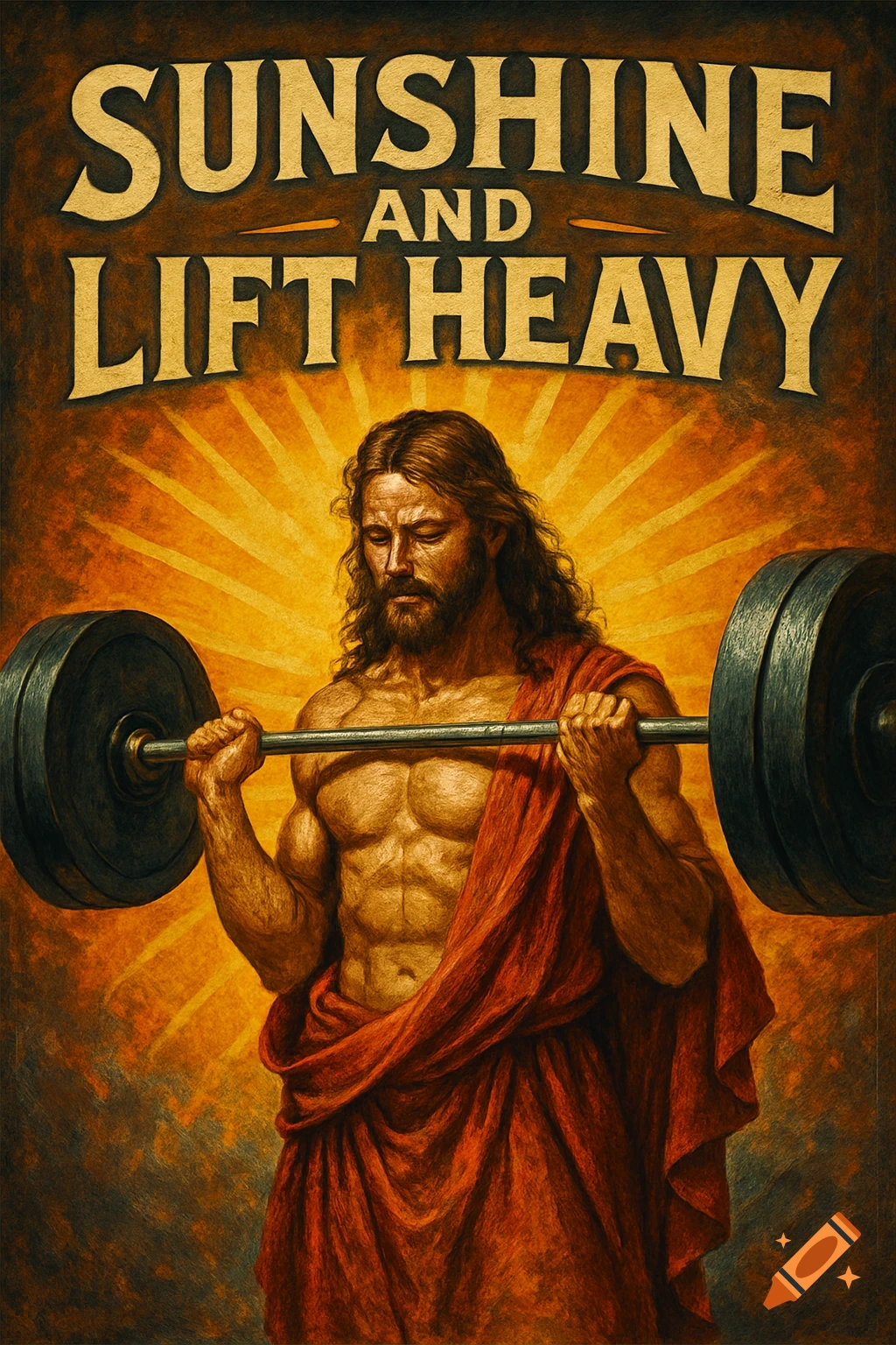 Muscular Jesus figure lifts a barbell in a poster with text 'SUNSHINE ...