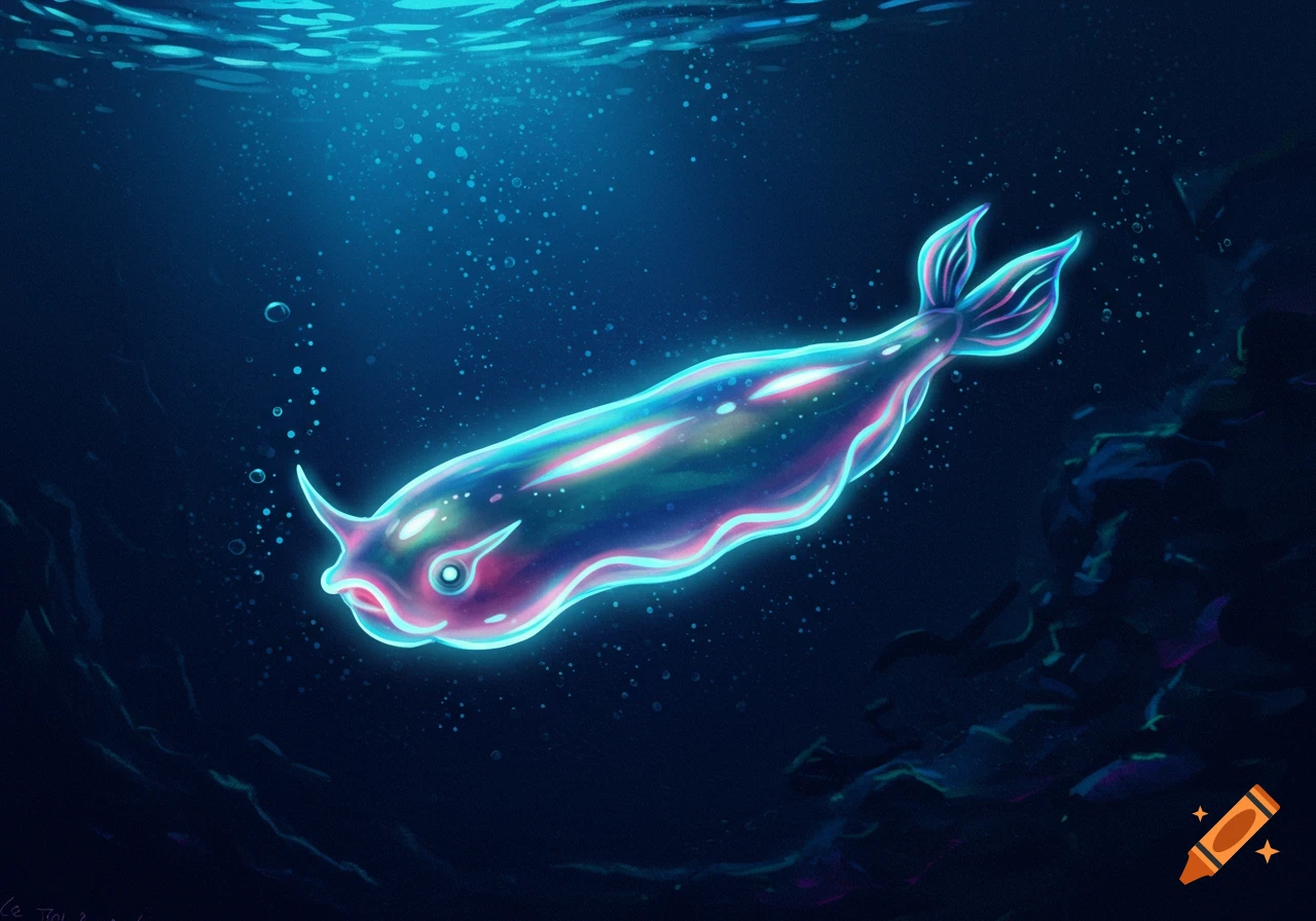 Illustration of a glowing slug-like creature swimming in dark blue ...