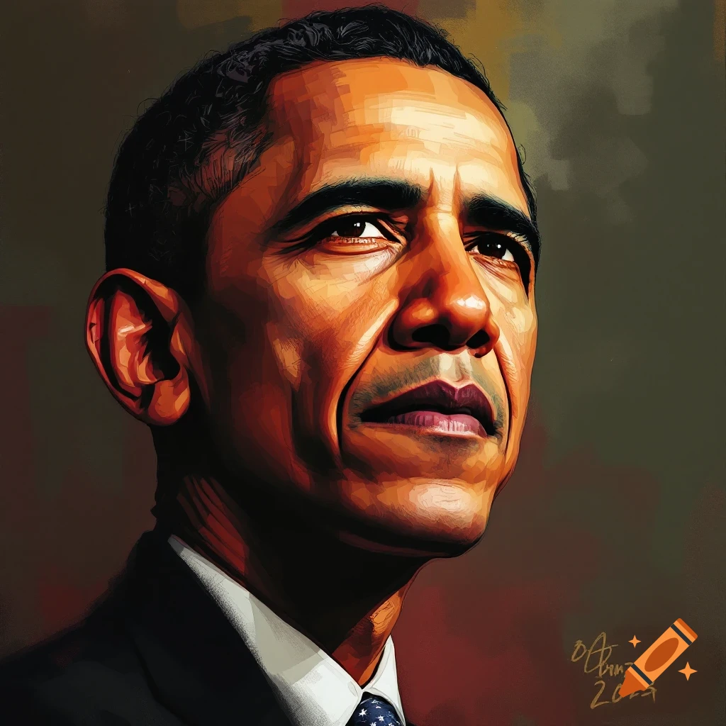A stylized digital portrait of Barack Obama looking upwards and to the ...