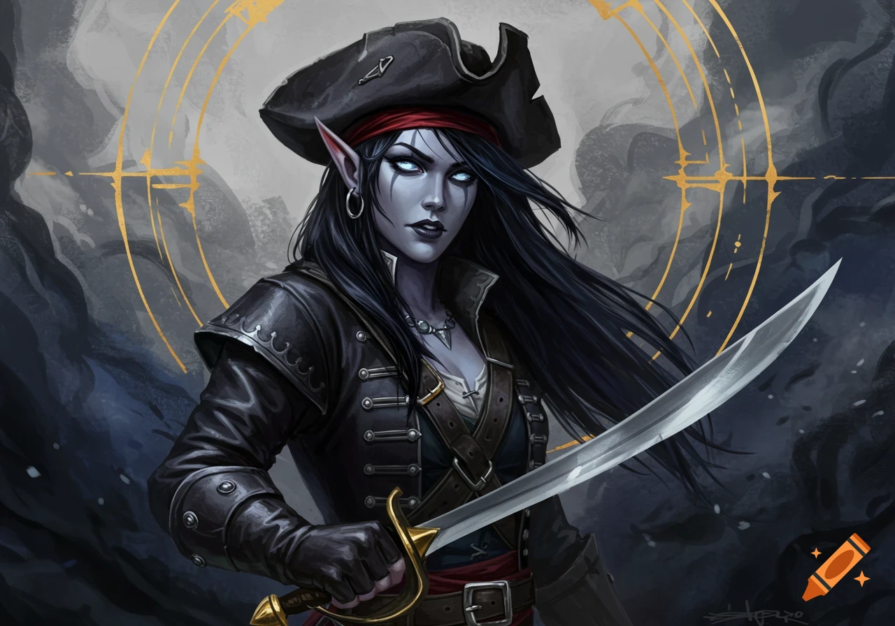 A fantasy art portrait of a Drow Elf woman dressed as a pirate, holding ...