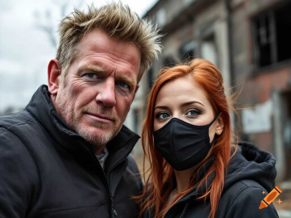 A man resembling Gordon Ramsay and a red-headed woman wearing face ...