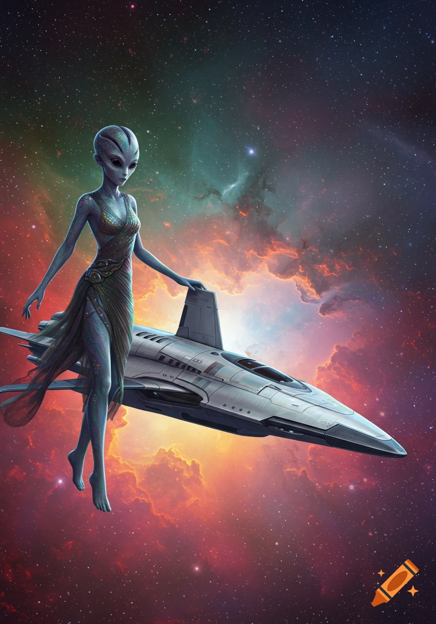 A slender alien woman in a flowing dress floats beside a sleek ...
