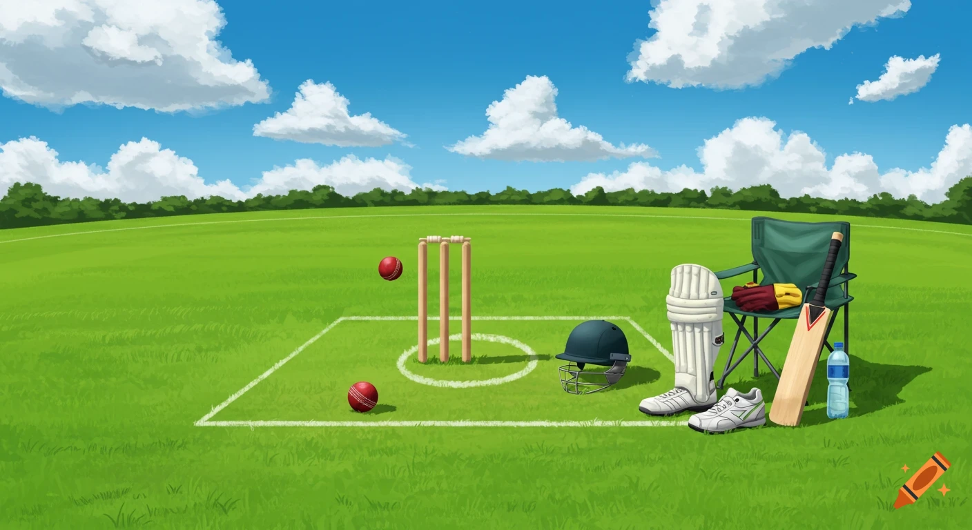 A vibrant, cartoon-style illustration of a cricket field with wickets ...