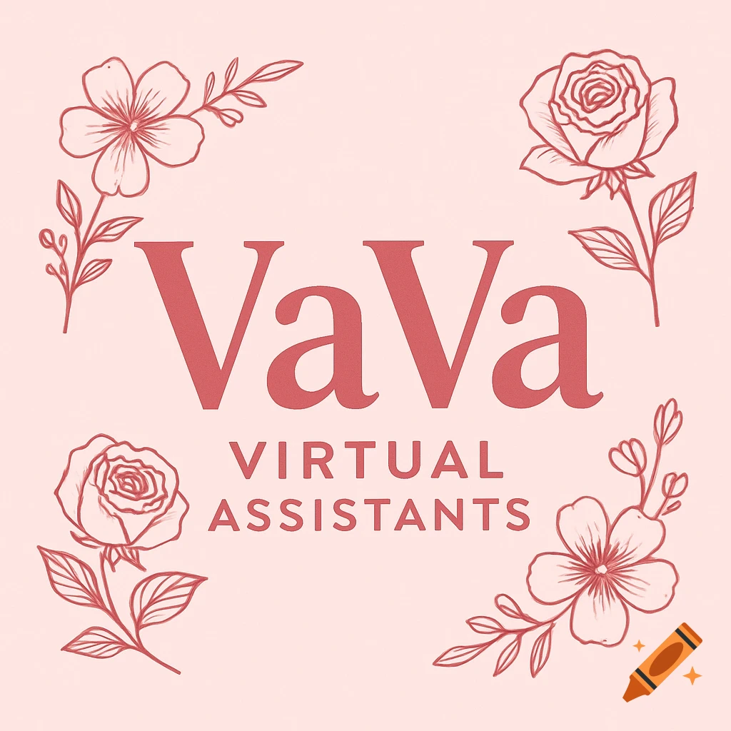 Logo for VaVa Virtual Assistants with pink text and floral designs on a ...