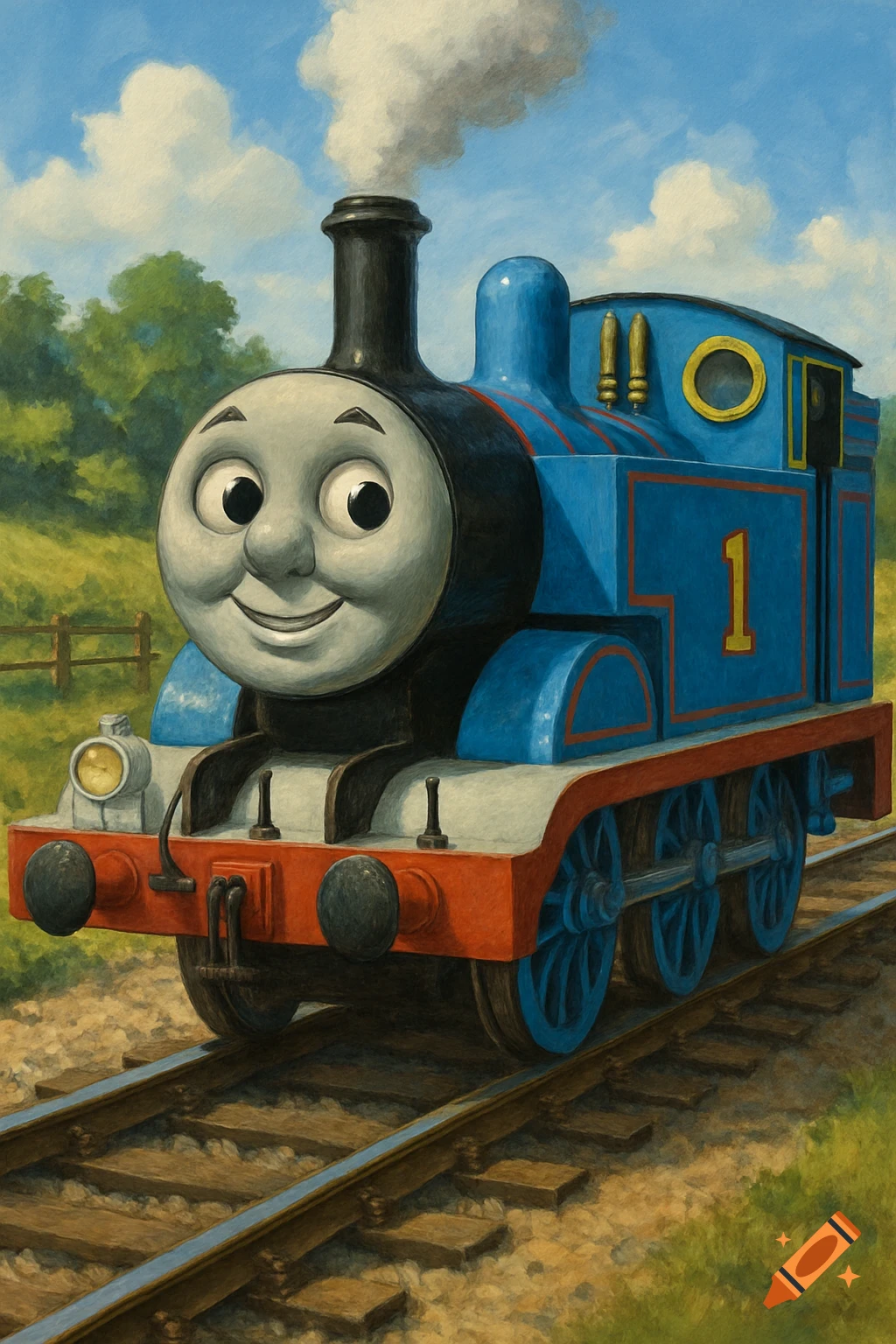 A painted illustration of Thomas the Tank Engine, a blue train with a ...