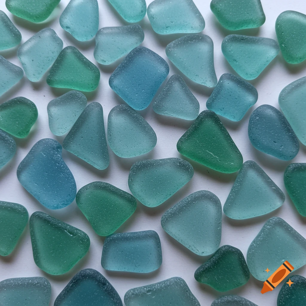 A close-up photo of many pieces of green and blue sea glass scattered ...