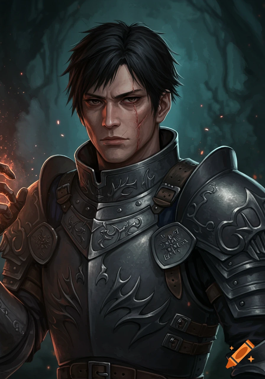 A stern dark-haired knight with scars on his face wears ornate armor ...