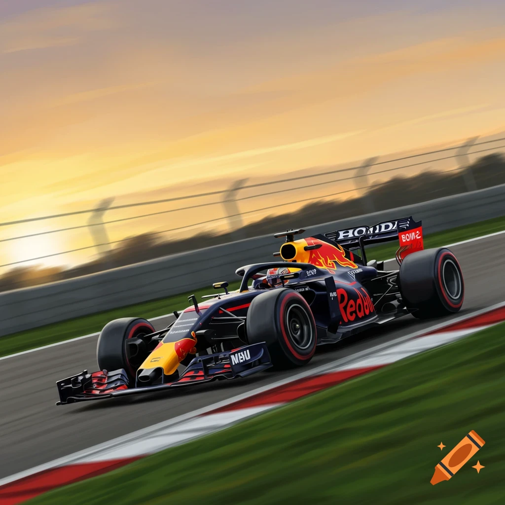 A stylized image of a Formula 1 race car on a track during sunset. on ...
