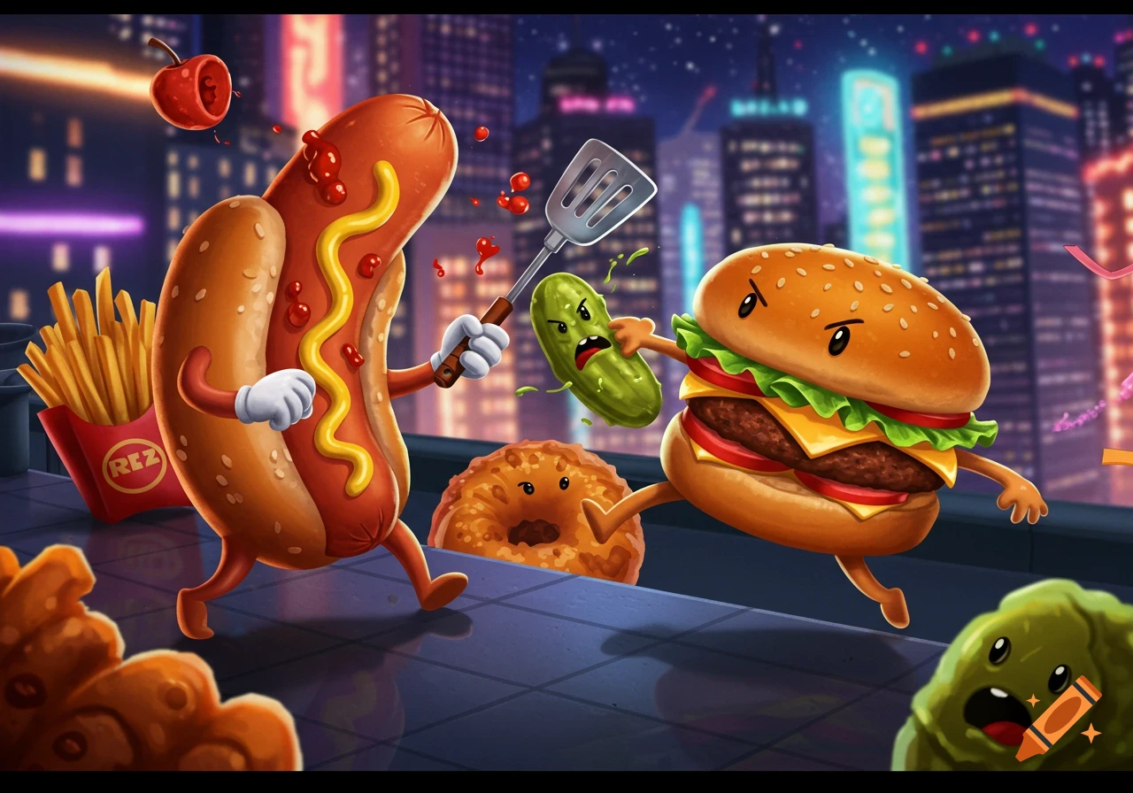 Cartoon hot dog and burger fighting on a city rooftop at night, with a ...