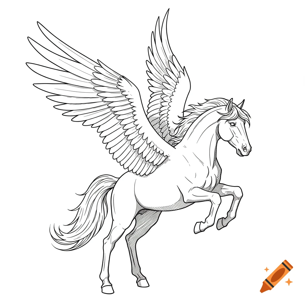 Line art drawing of a majestic Pegasus rearing up with its large wings ...