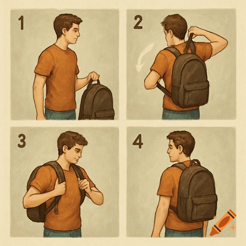 A four-panel illustration showing a person putting on a dark backpack ...