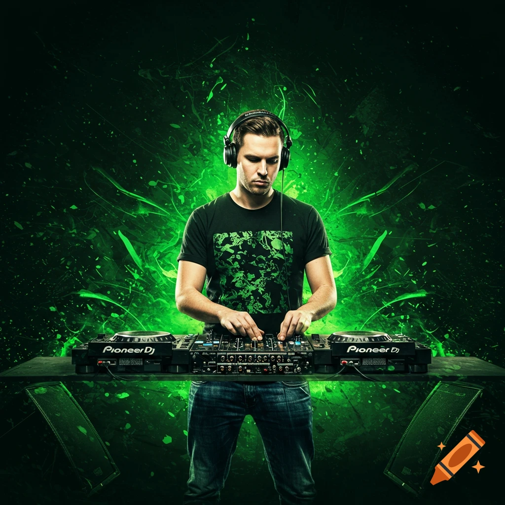 A male DJ in a green and black t-shirt and headphones is mixing music ...