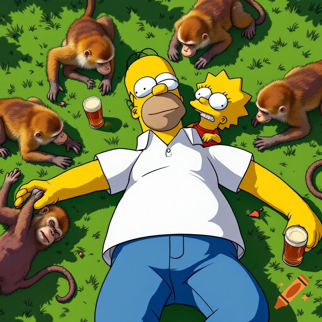 Homer and Lisa Simpson lay on the grass surrounded by monkeys and ...