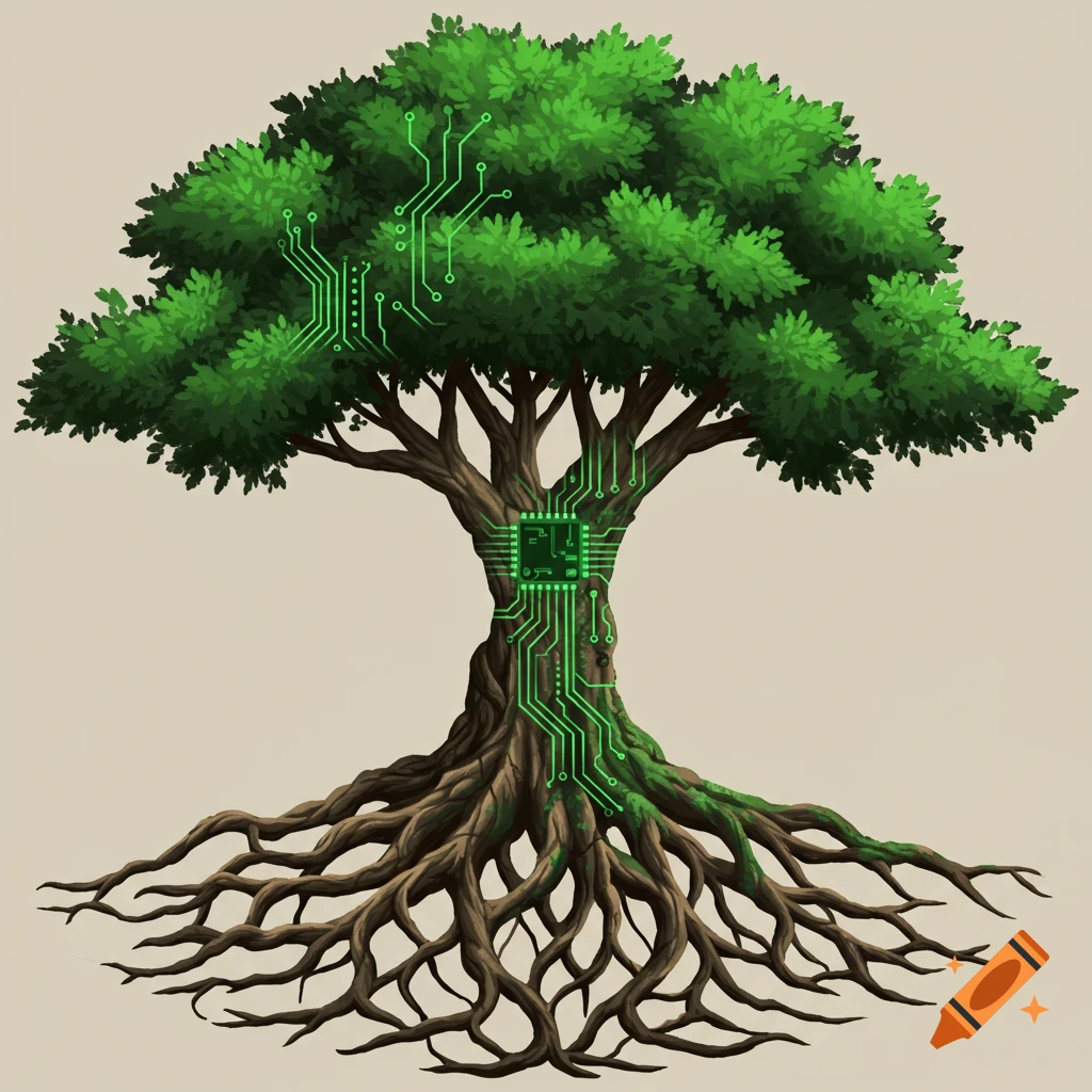 Stylized illustration of a tree with a circuit board design integrated ...