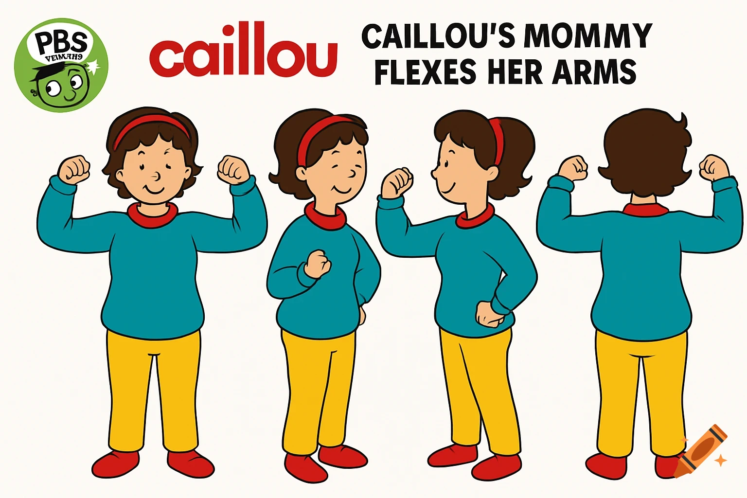 A cartoon model sheet shows Caillou's Mommy in four different poses ...