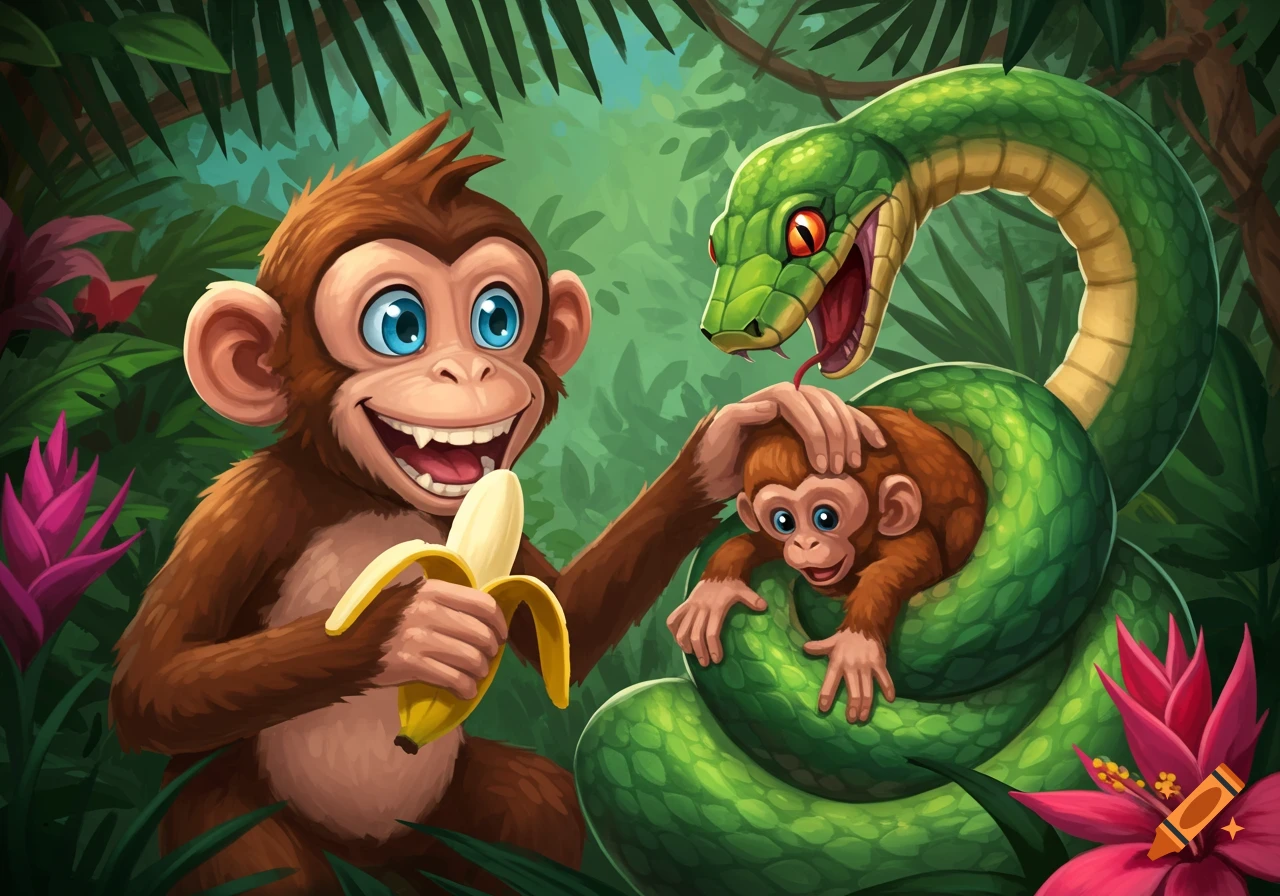Cartoon monkeys and a snake in a jungle, one monkey eats a banana while ...