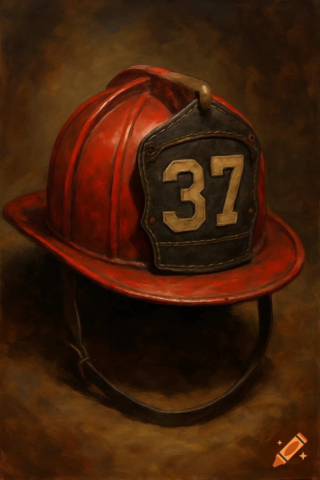 A painted still life of a red firefighter's helmet with the number 37 ...