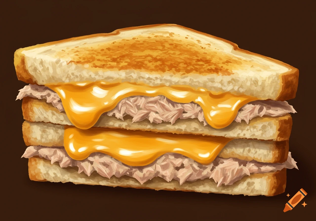 A stylized illustration of a tuna melt sandwich featuring melted orange ...