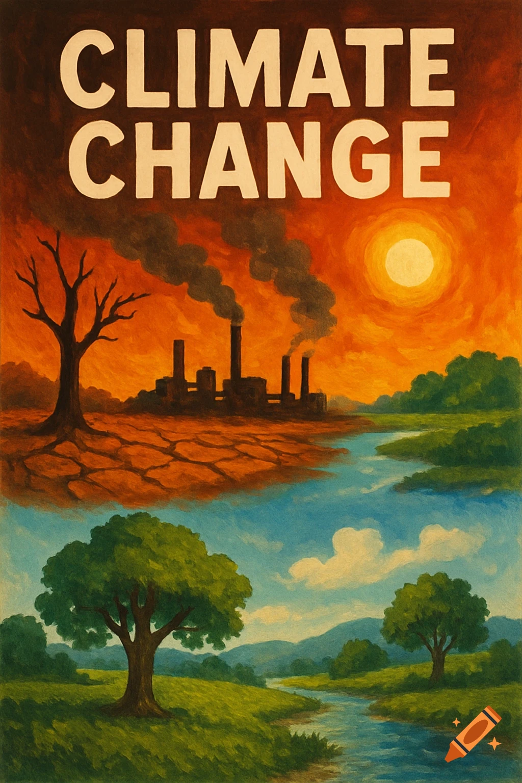 Climate Change poster showing a polluted industrial landscape above a ...