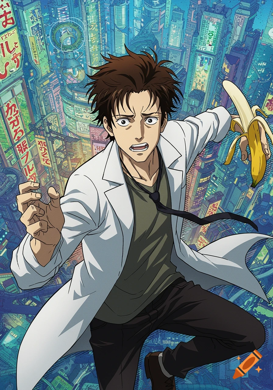 Anime character Okabe Rintarou in a white lab coat runs through a ...