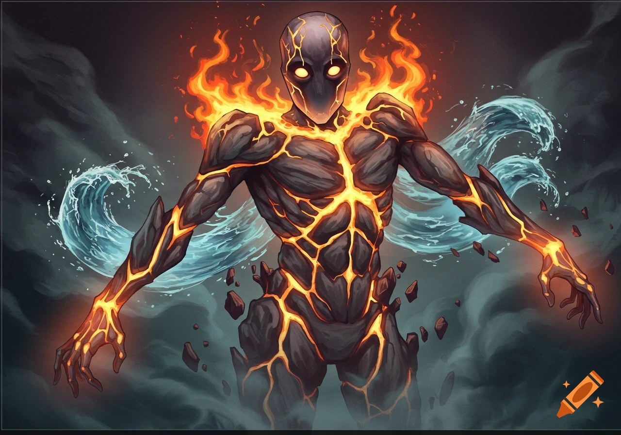 A powerful elemental creature made of dark, cracked rock glowing with ...