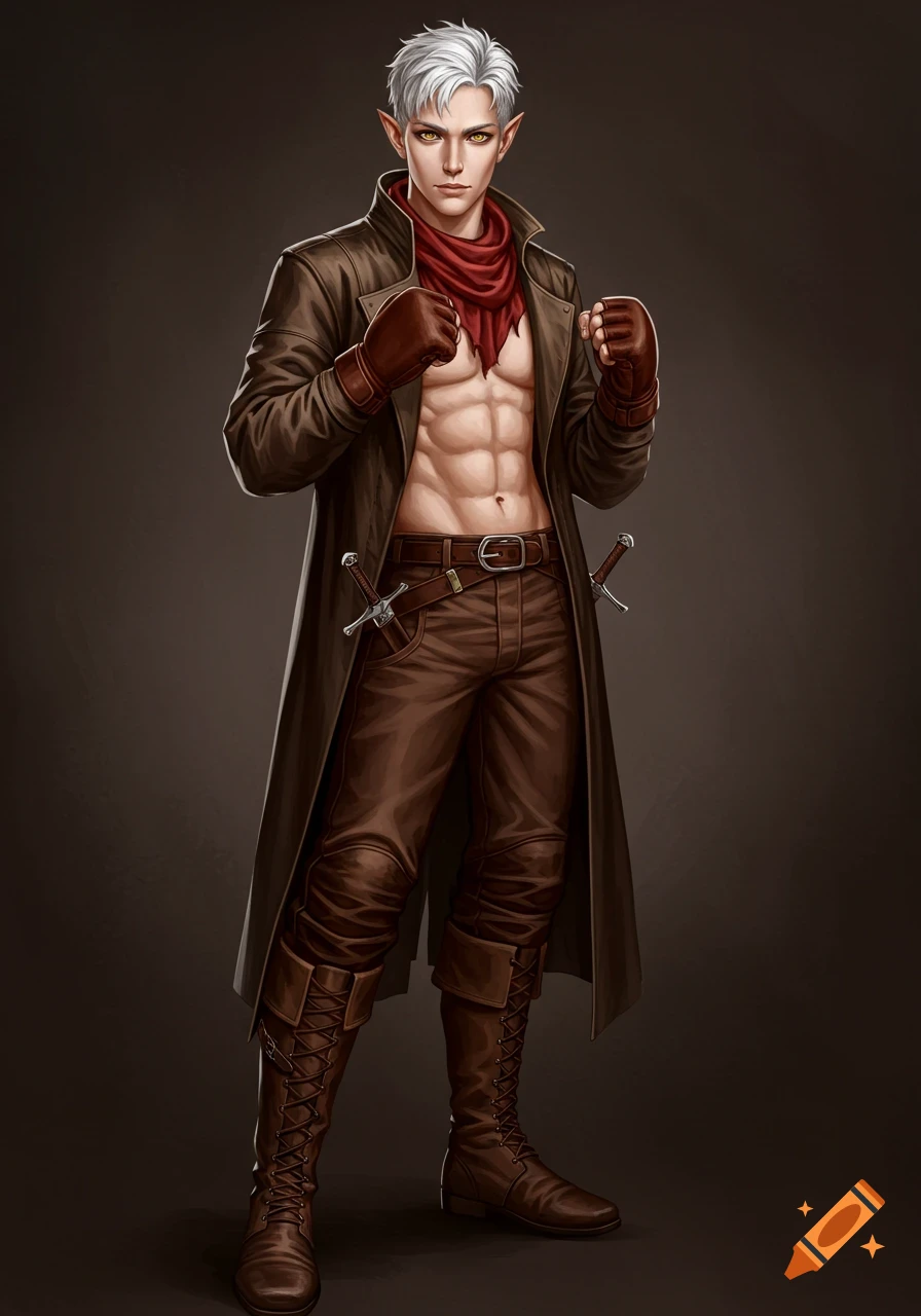 A hyper-realistic muscular male elf with silver hair, golden eyes, bare ...