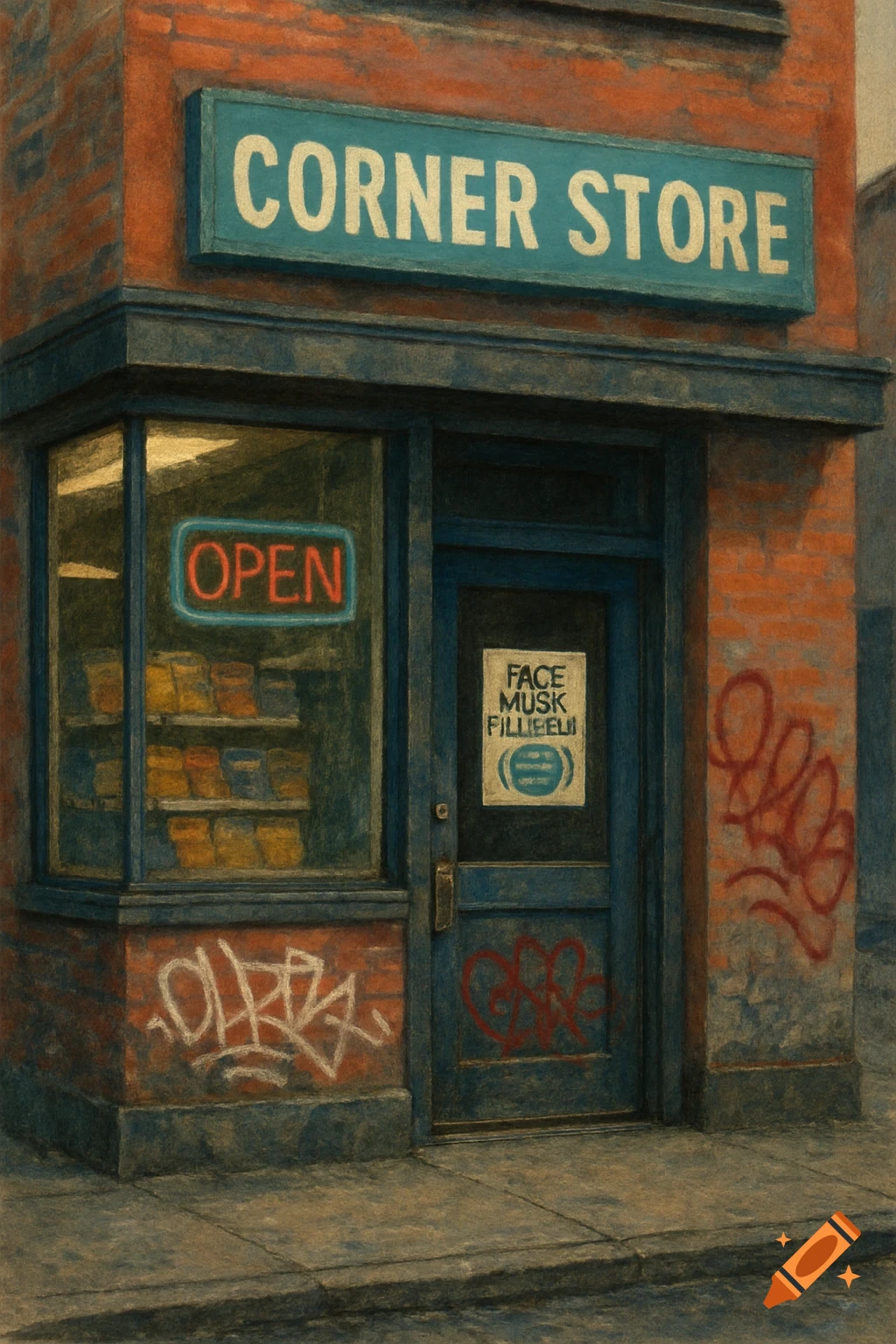 A painterly depiction of a brick corner store with 'CORNER STORE' and ...