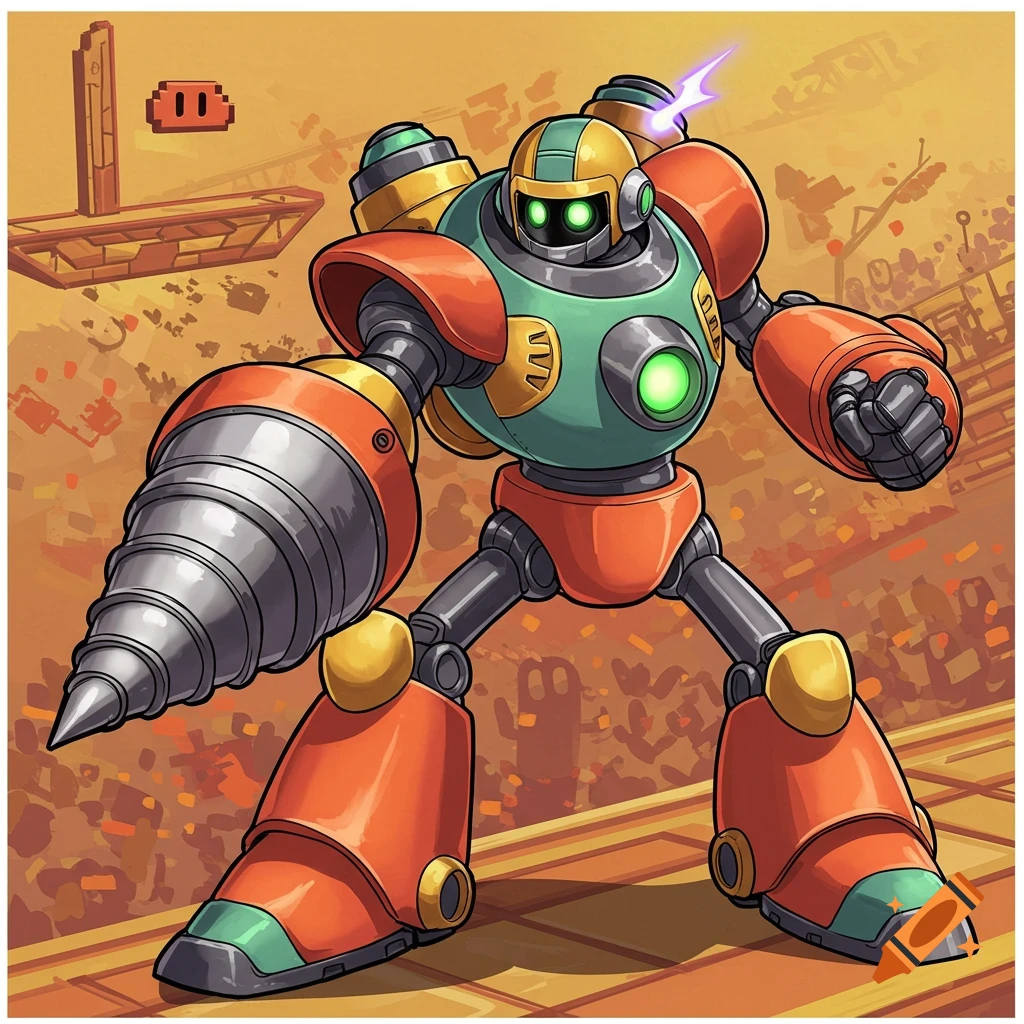 A large cartoon robot with a drill arm stands on a platform in a video ...