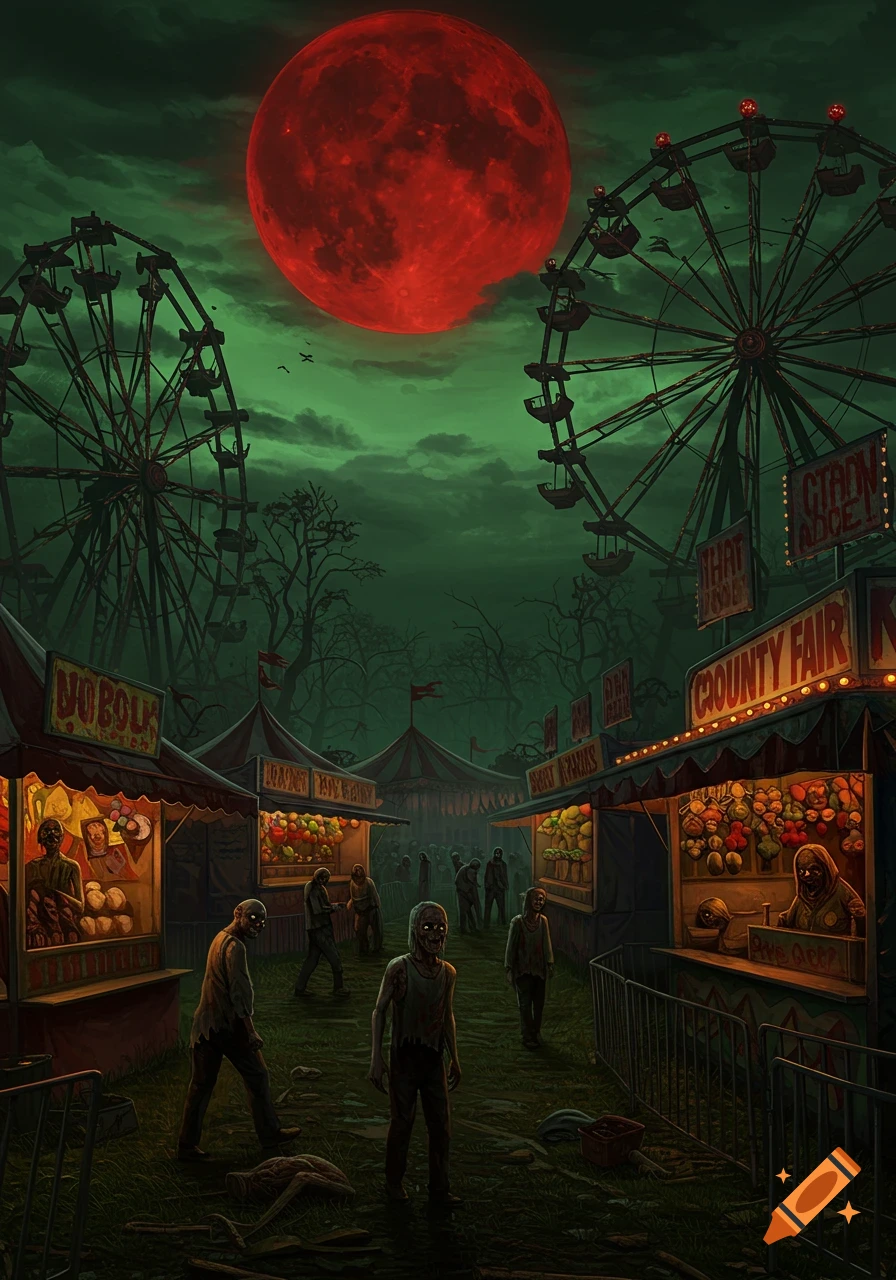 Zombies walk through a dark, spooky fairground under a large red blood ...