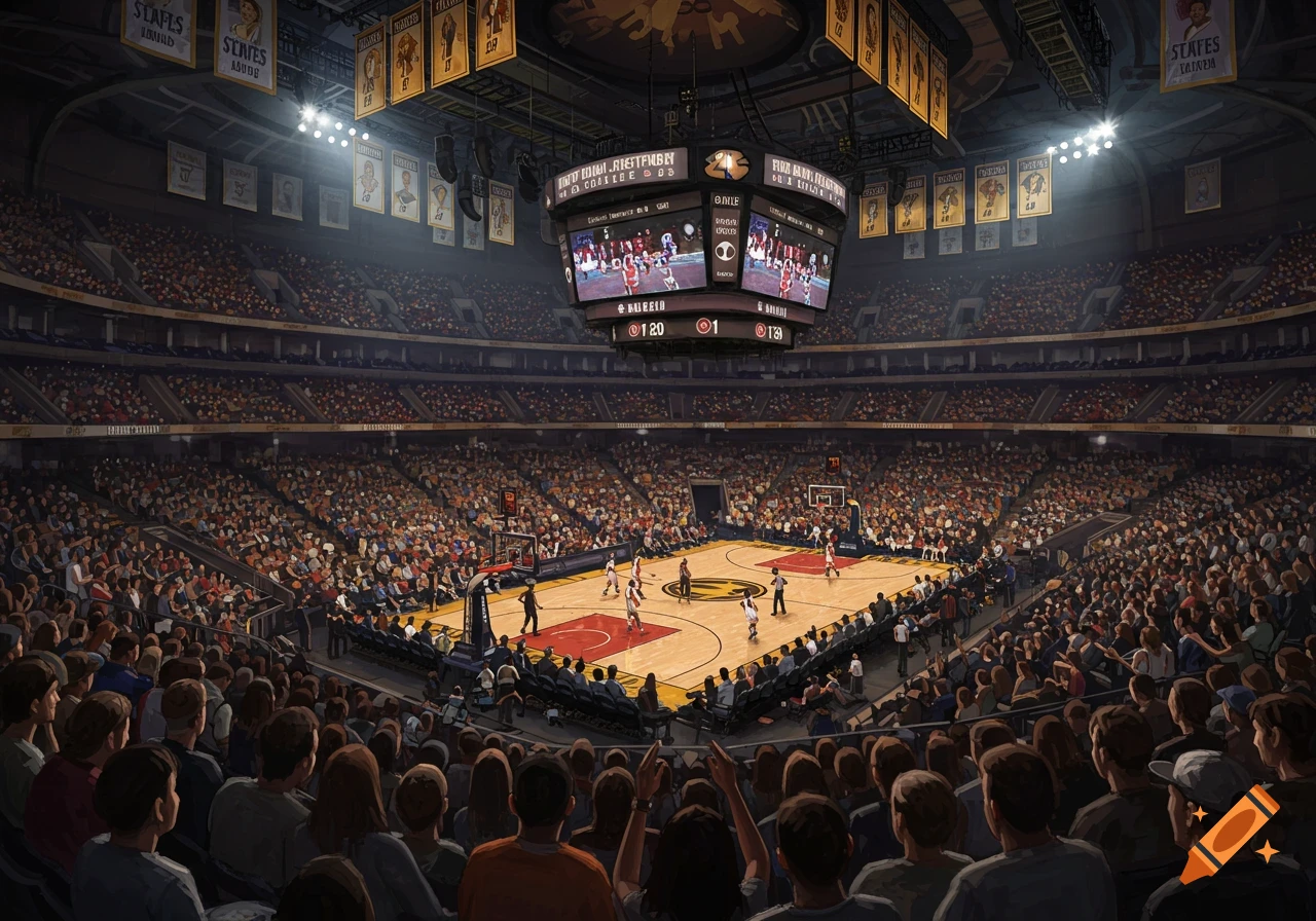 A basketball game taking place in a large, crowded arena with a central ...